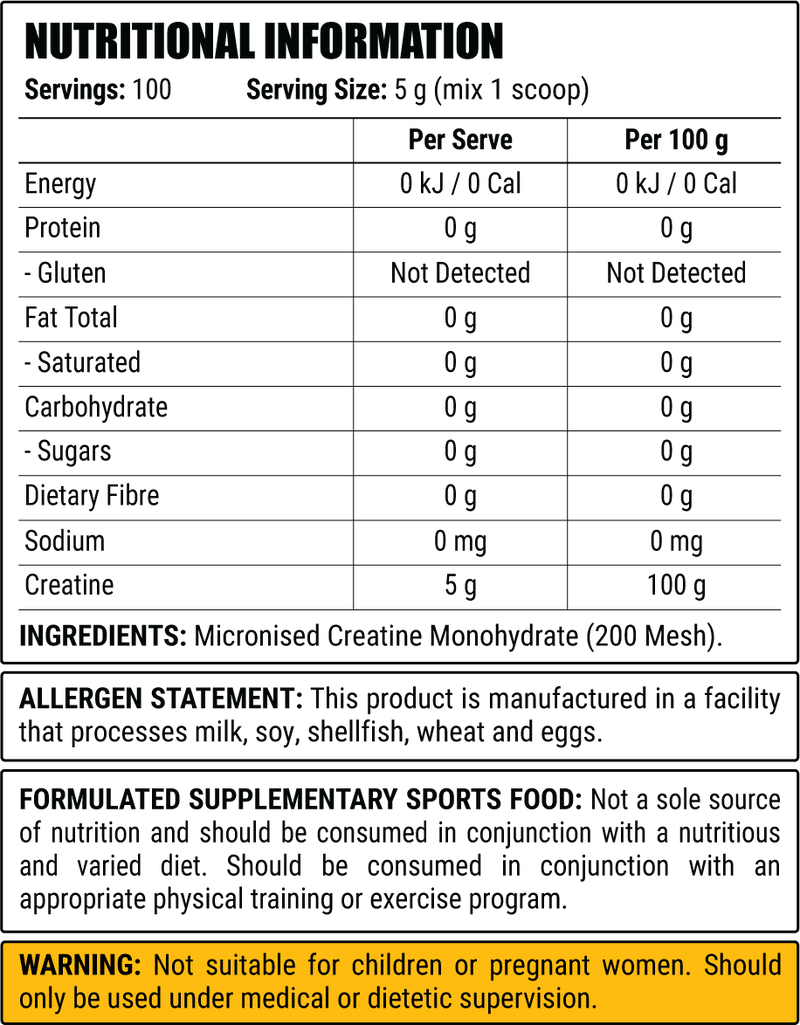 Creatine Monohydrate - 500g / 100 serves - Unflavoured